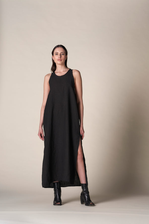 Racer Dress Washed Linen Black - ISLAND LUXE